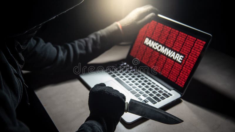 Male Hacker Threading Laptop Computer with Knife Stock Photo - Image of ...