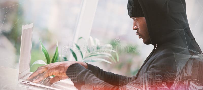 Composite Image of Male Hacker Using Laptop Stock Photo - Image of ...