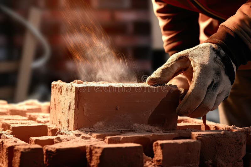 Male Hand in Glove of Bricklayer Installing Bricks on Construction Site ...