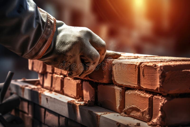 Male Hand in Glove of Bricklayer Installing Bricks on Construction Site ...