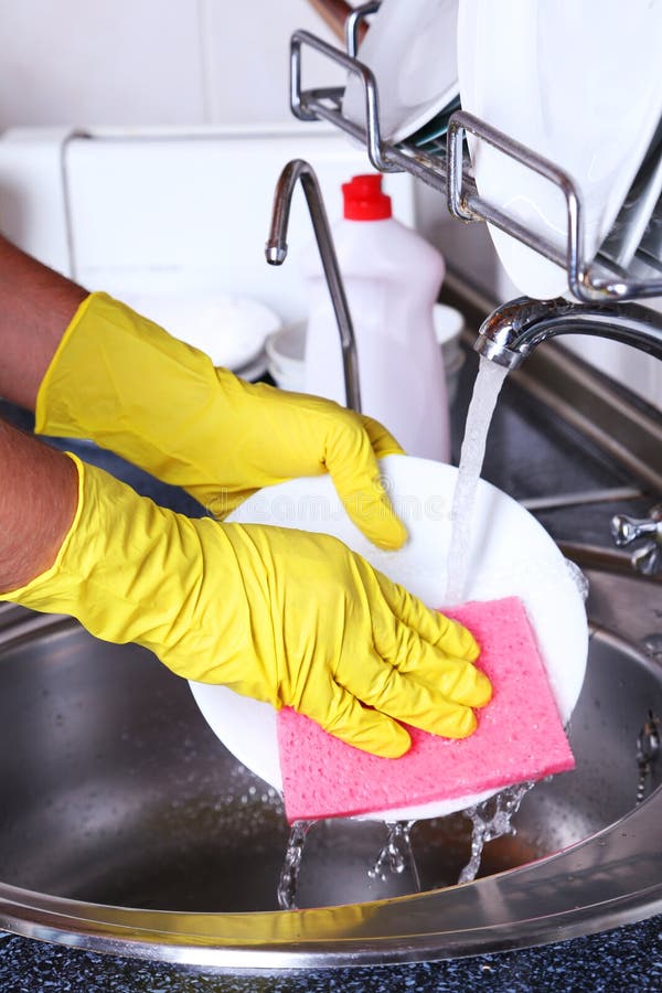 Male Hand in Gloves with Sponge Washing Dish Stock Photo - Image of ...