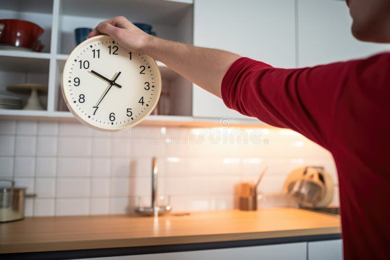 Male Hand Hanging a Clock Above a Kitchen Counter Stock Photo - Image ...
