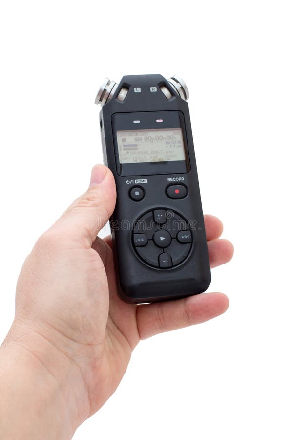 Male Hand Holding Audio Recorder Using for Documenting Sound Stock ...