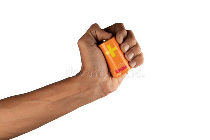 Black Male Hand Holding an Orange Battery Isolated Stock Image - Image ...