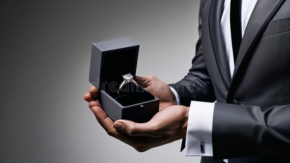 Male Hand Holding a Box with a Beautiful Commitment, Gemstone Diamond ...