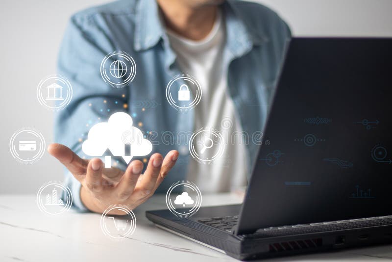 Male Hand Holding Cloud while Using Computer Technology Concept ...