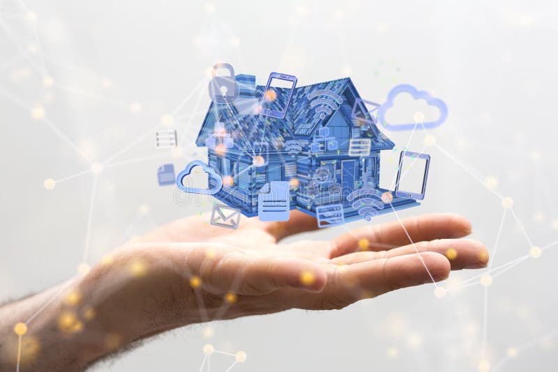 Male Hand Holding the 3d House with Different Icons. Big Data and ...