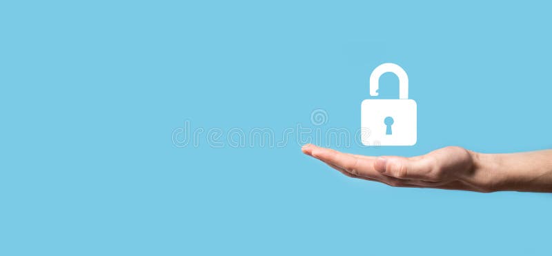 Male Hand Holding a Lock Padlock Icon.Cyber Security Network. Internet ...