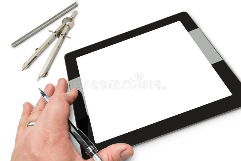 Male Hand Holding Mechanical Pencil on Blank Empty Computer Tablet ...