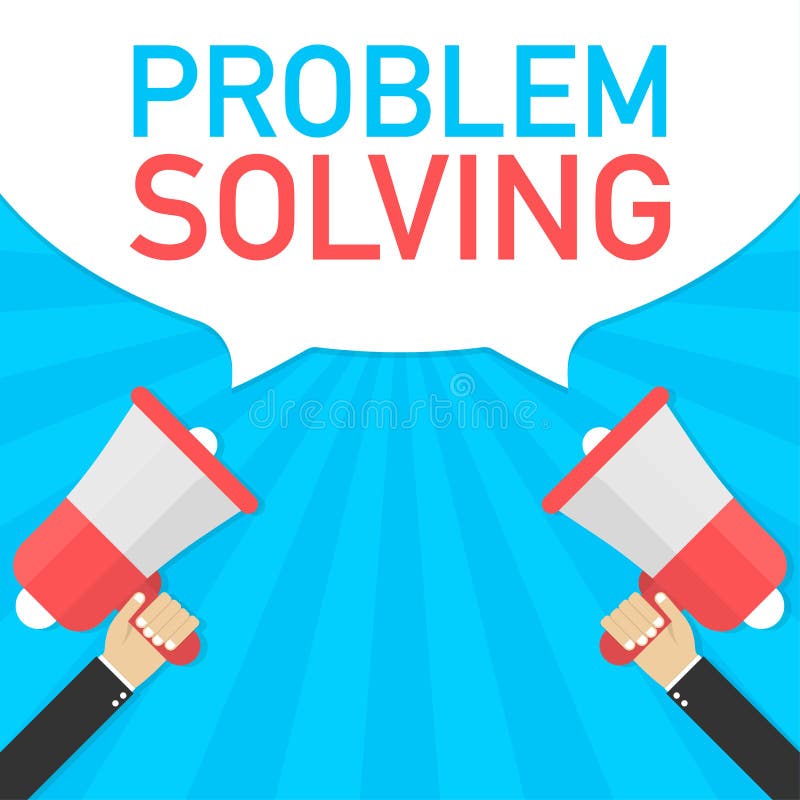 Male Hand Holding Megaphone with Problem Solving Speech Bubble. Banner ...