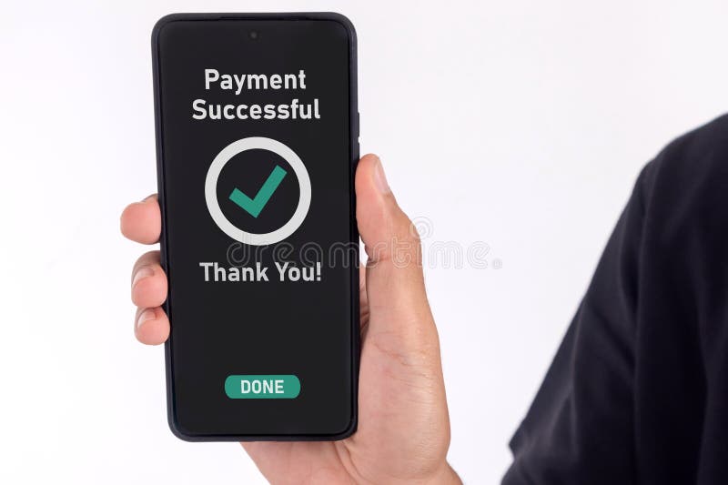 Male Hand Holding a Mobile Phone Showing Successful Payment Message ...