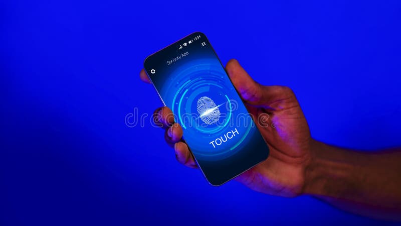 Male Hand Holding Phone with Fingerprint Scanner, Blue Background ...