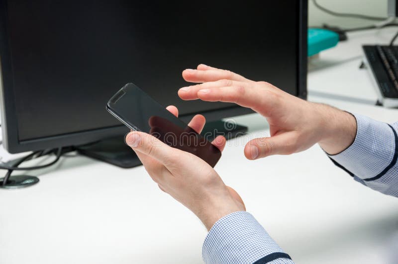 Male Hand Holding Smartphone and Touching Its Sensor Screen Stock Photo ...