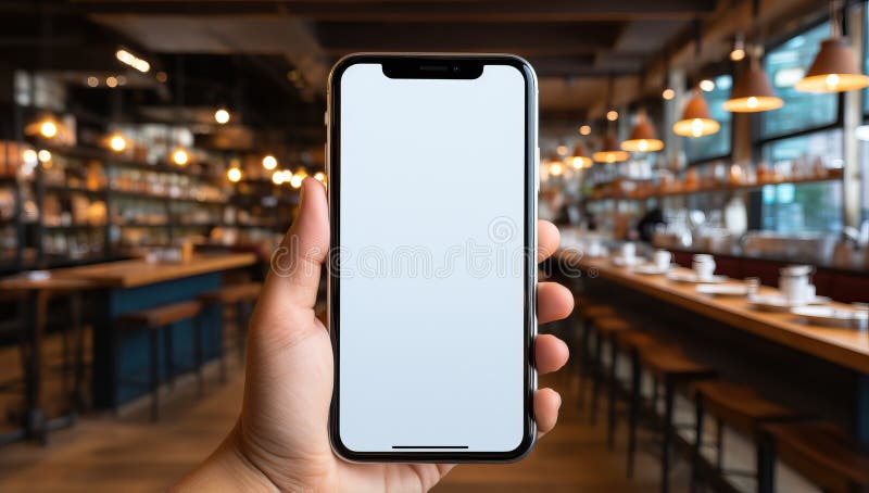 Male Hand Holding a Smartphone with White Screen in a Cafe or ...