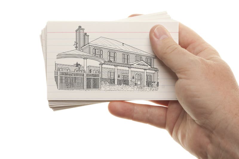 Male Hand Holding Stack of Flash Cards with House Drawing Stock Image ...