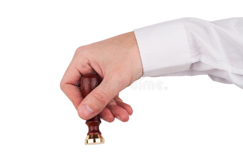 Male Hand Holding Stamp Tool With Wooden Handle On White Stock Image ...