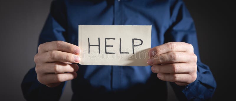 Male Hand Holding Text Help on Paper Stock Photo - Image of paper, help ...
