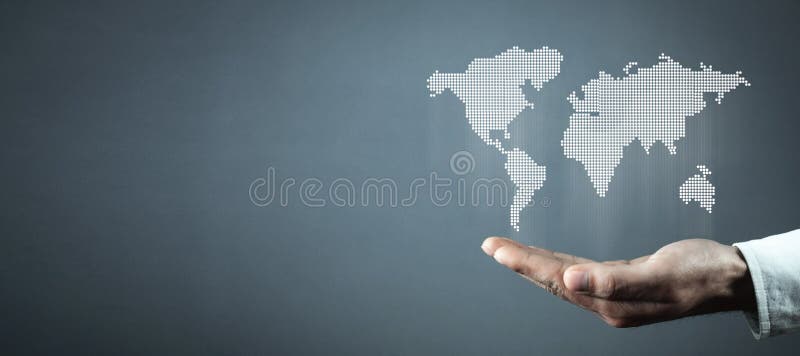 Male Hand Holding World Map. Space for Your Text Stock Photo - Image of ...