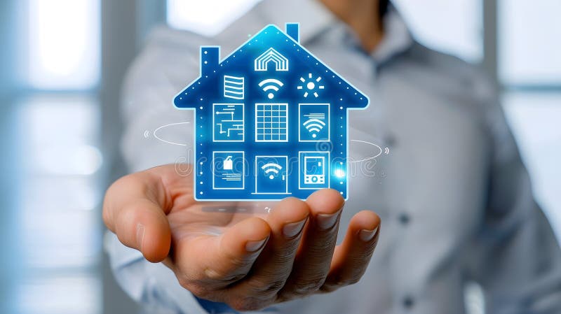 Modern Smart Home Concept with Technology Icons in Male Hand Stock ...