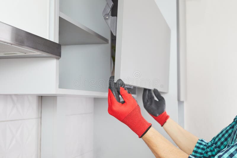 Male Hand Open Kitchen Cupboard without Handle Stock Photo - Image of ...