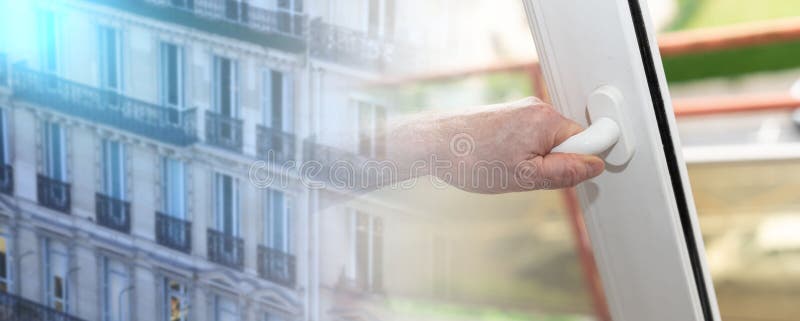 Hand Opening a Window Panoramic Banner Stock Image - Image of hand ...