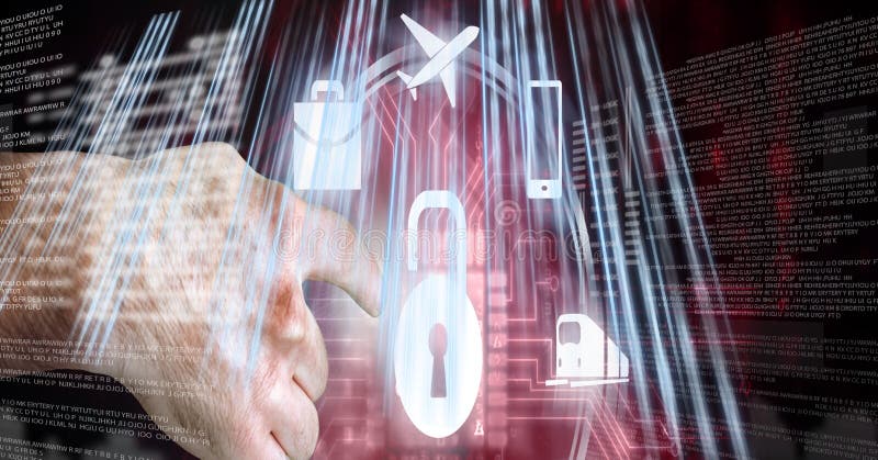 Male Hand Over Data Processing and Padlock and Travel Icons, Digital ...