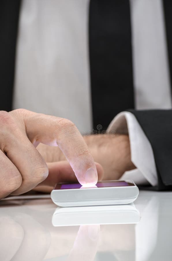 Male Hand Pointing at the Screen Stock Photo - Image of table, cell ...