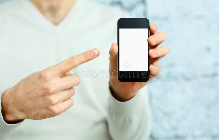 Male Hand Pointing at Smartphone Display Stock Image - Image of display ...