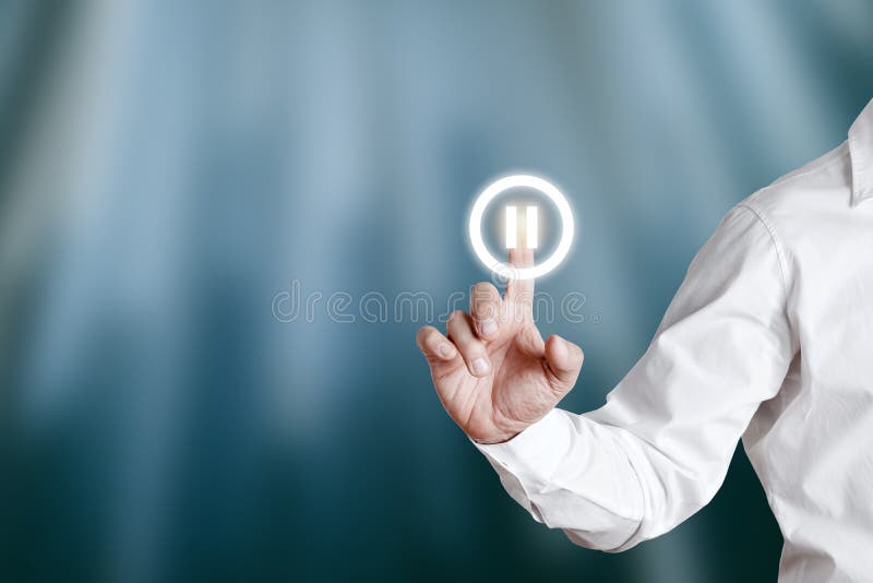 Male Hand Presses Pause Icon on a Virtual Display Screen Stock Photo ...