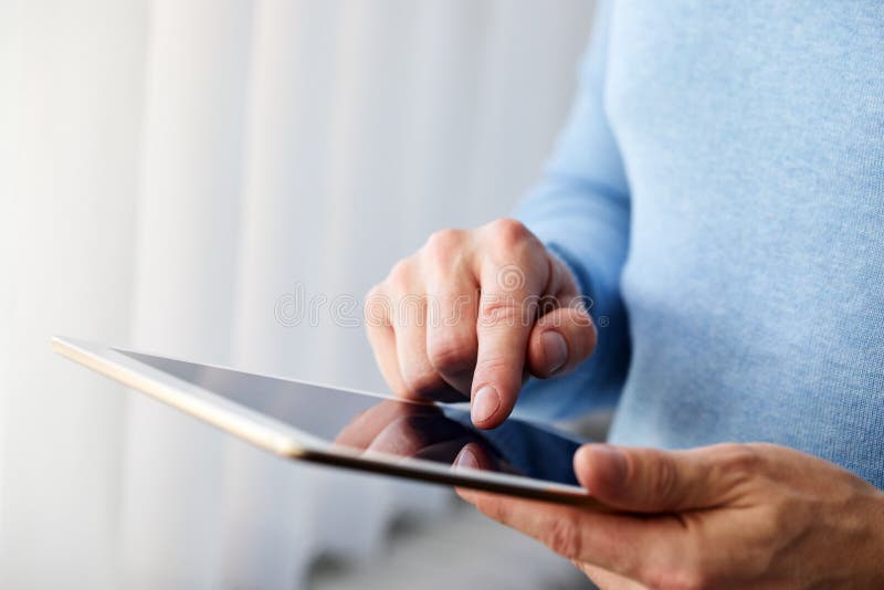 Man Presses on Screen Digital Tablet Stock Photo - Image of computer ...