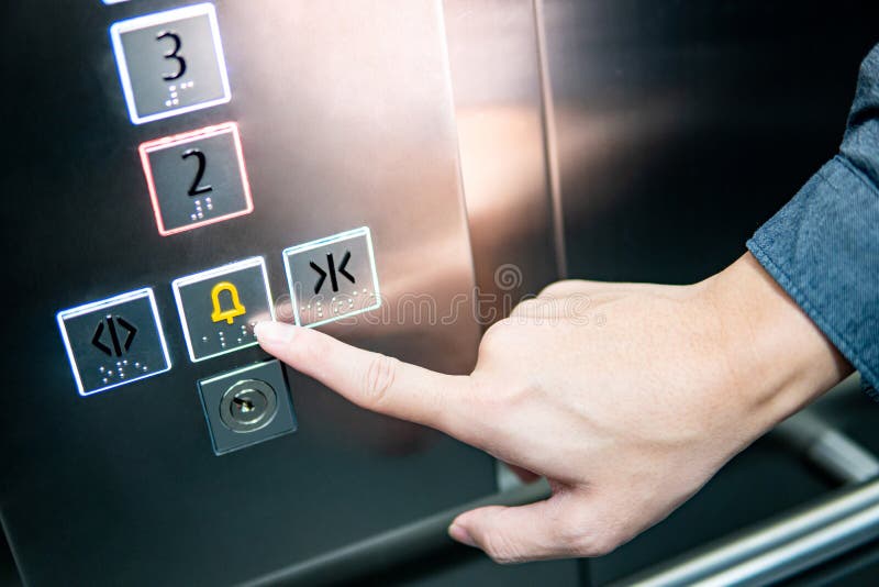 Male Hand Pressing on Emergency Button in Elevator Stock Image - Image ...