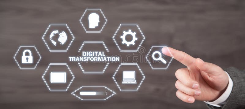 Male Hand Pressing Search Button. Digital Transformation Stock Photo ...