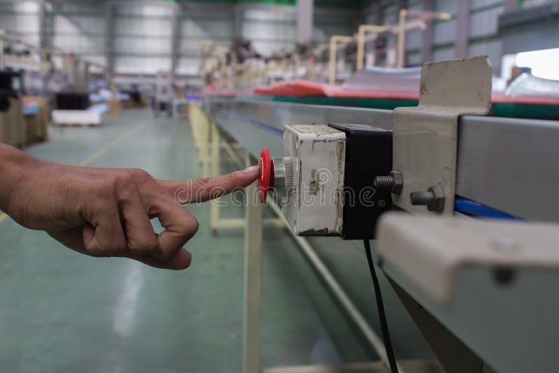 Male Hand Pushing Emergency Red Stop Button Stock Image - Image of ...