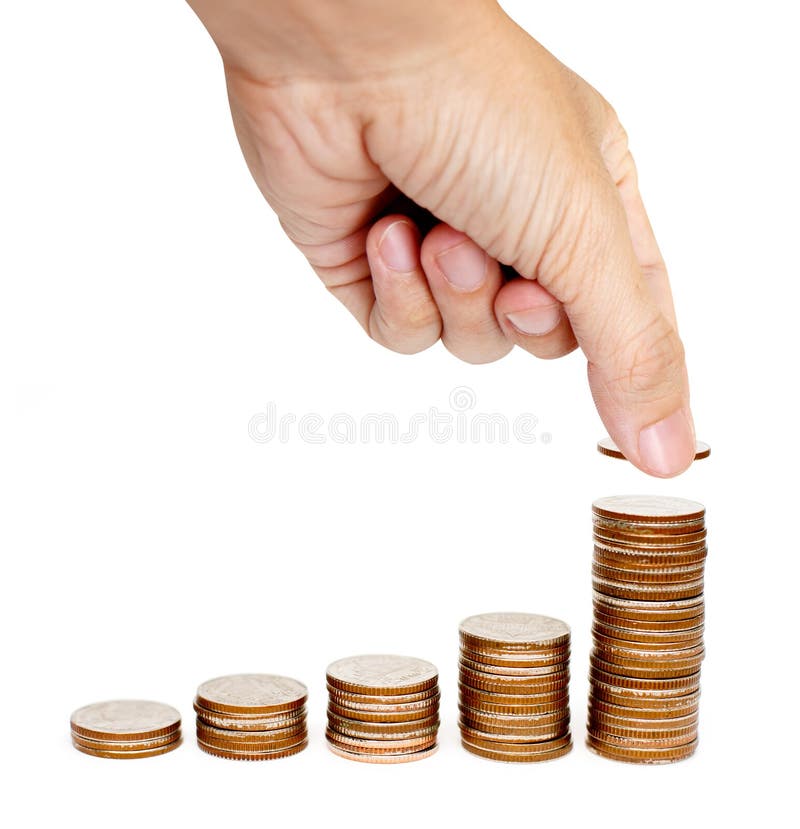 Male Hand Putting Coin on a Stack of Rising Coins Stock Image - Image ...
