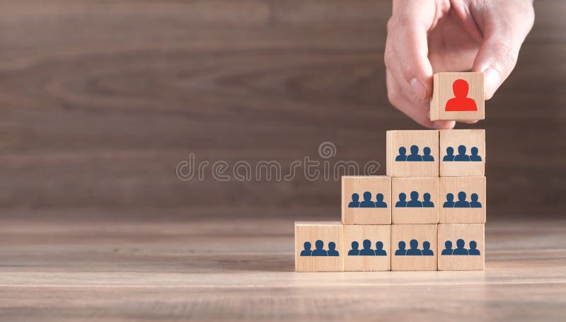 Male Hand Putting Wood Cube Leader on Pyramid Stock Photo - Image of ...