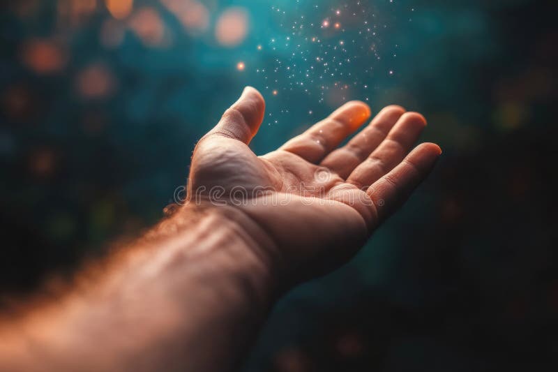 Male Hand Reaching Toward Glowing Particles in Ethereal Light Stock ...
