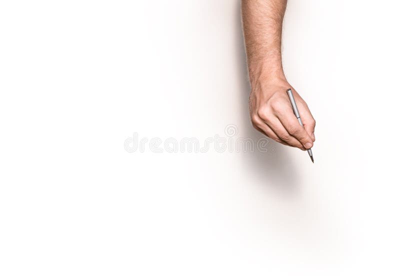 Male Hand is Ready for Drawing with Pen., Top View Isolated Stock Photo ...