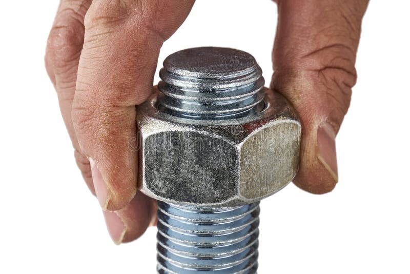Male Hand Screweing Nut on the Bolt Close Up Stock Photo - Image of ...