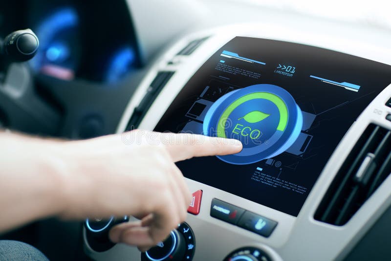 Male Hand Setting Car Eco System Mode on Screen Stock Image - Image of ...