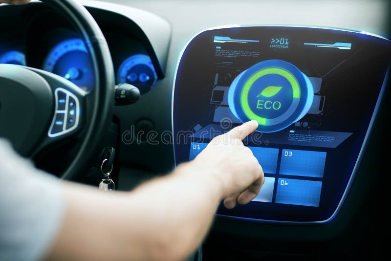 Male Hand Setting Car Eco System Mode on Screen Stock Photo - Image of ...