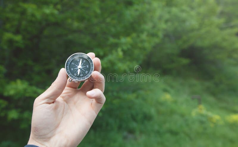 Male Hand Showing Compass in Forest Stock Photo - Image of guide ...