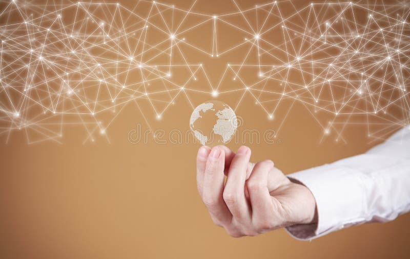 Male Hand Showing Globe with a Network Connection Stock Photo - Image ...