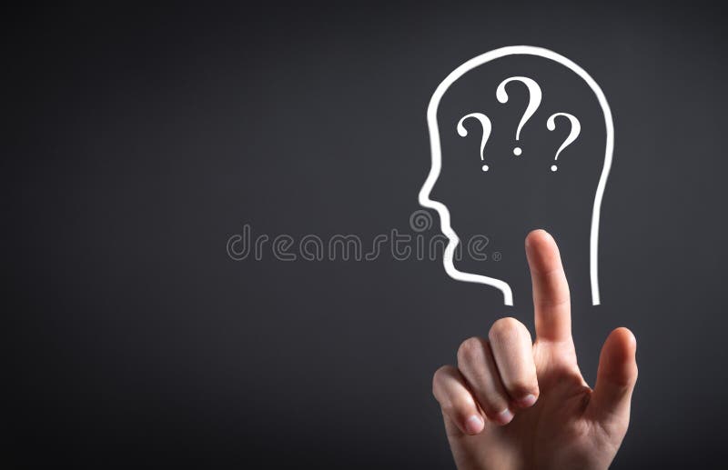 Male Hand Showing Human Head with a Question Marks Stock Image - Image ...