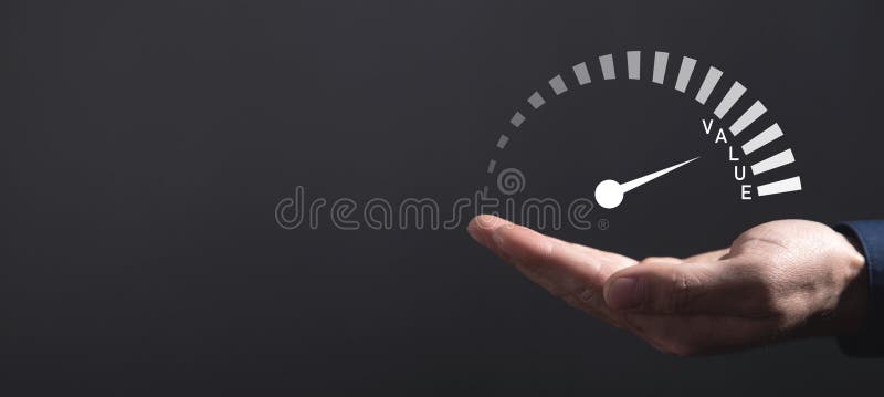 Male Hand Showing Speedometer with a Value Word Stock Image - Image of ...