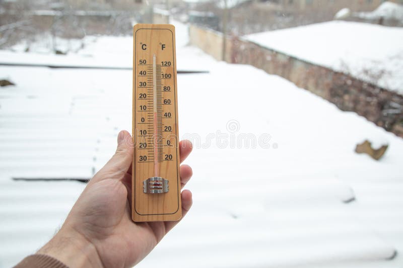 Male Hand Showing Thermometer at Winter Stock Photo - Image of ...