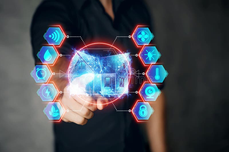 Male Hand and Smart Home Interface on a Blue Background. Automation ...