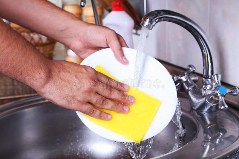 Male Hand with Sponge Washing Dish Stock Image - Image of plate, house ...