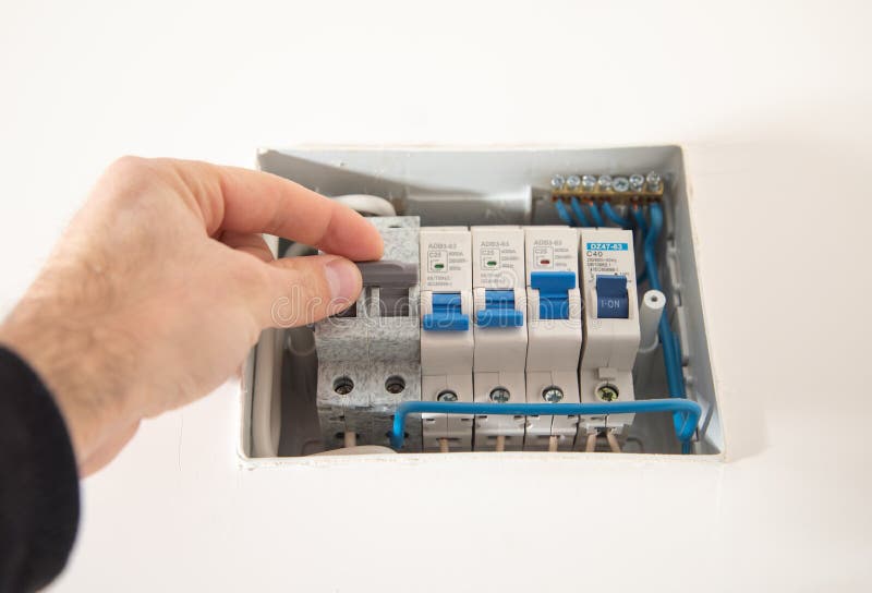 Male Hand Switching Electric Board at Home Stock Image - Image of ...