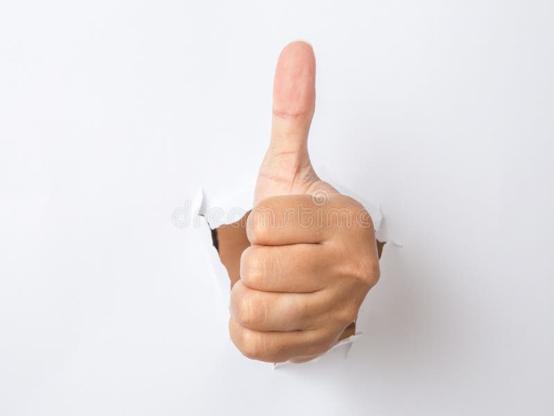 Male Hand with Thumb Up Gesture Punching through the Paper Stock Image ...