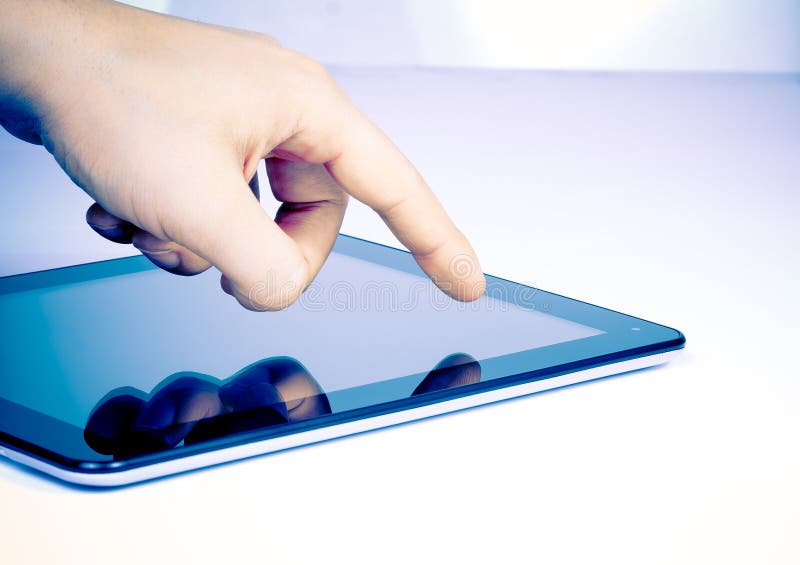 Male Hand Touch Tablet Pc on Table Stock Image - Image of electronic ...